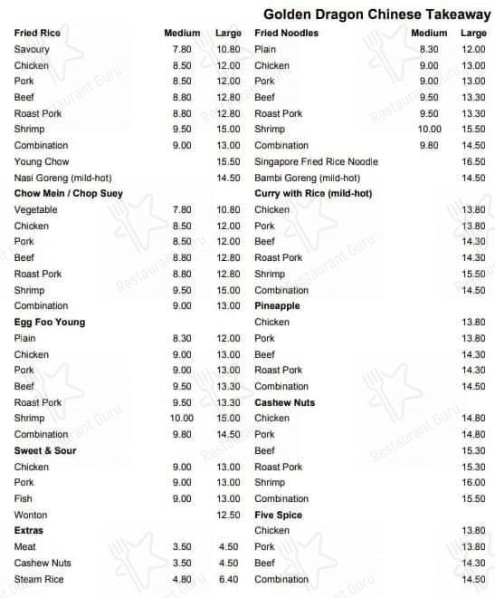 Menu at Golden Dragon Chinese Takeaway restaurant, Rotorua