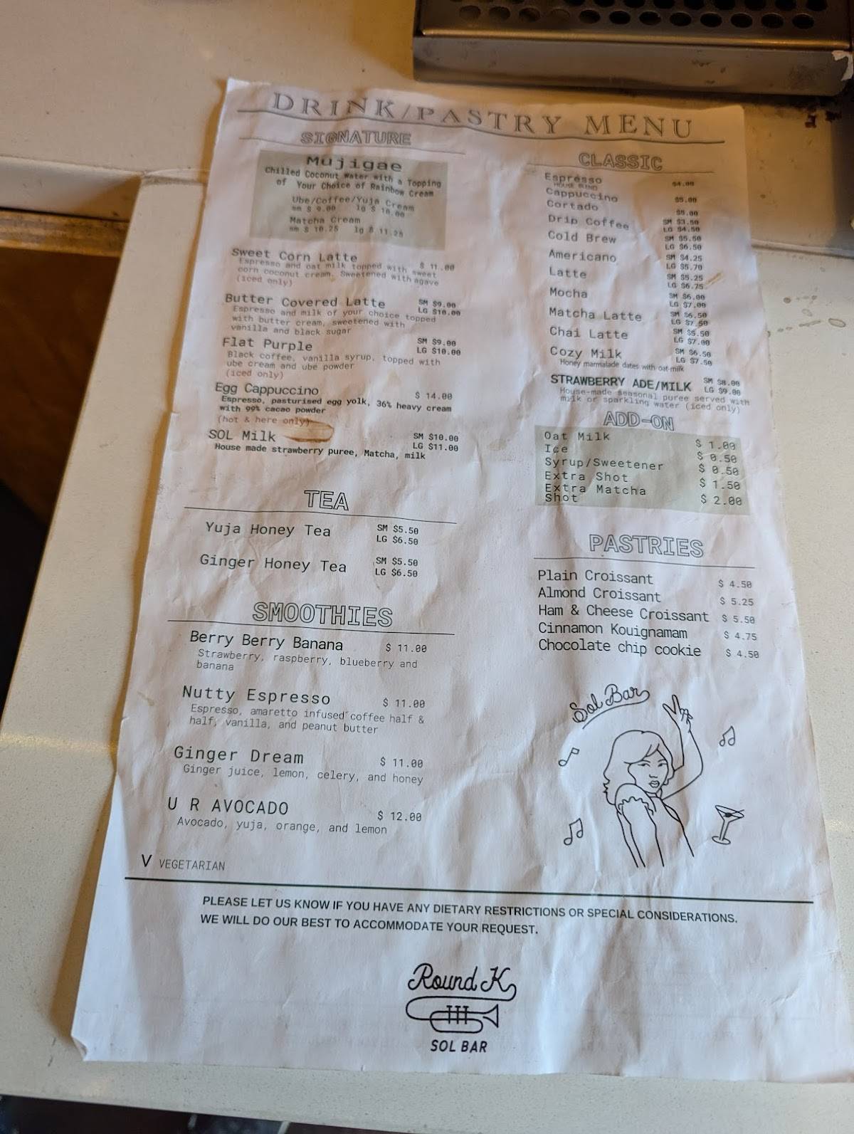 Menu at Round K by Sol pub & bar, New York City