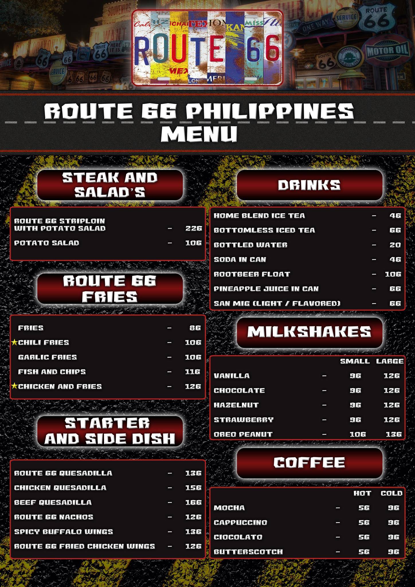 Menu at Route 66 Angeles restaurant, Angeles