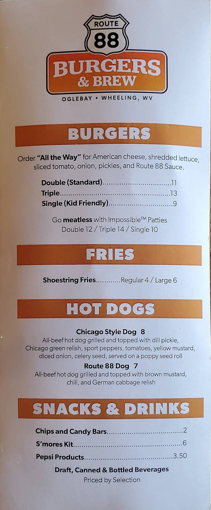 Menu at Route 88 Burgers & Brew desserts, Wheeling