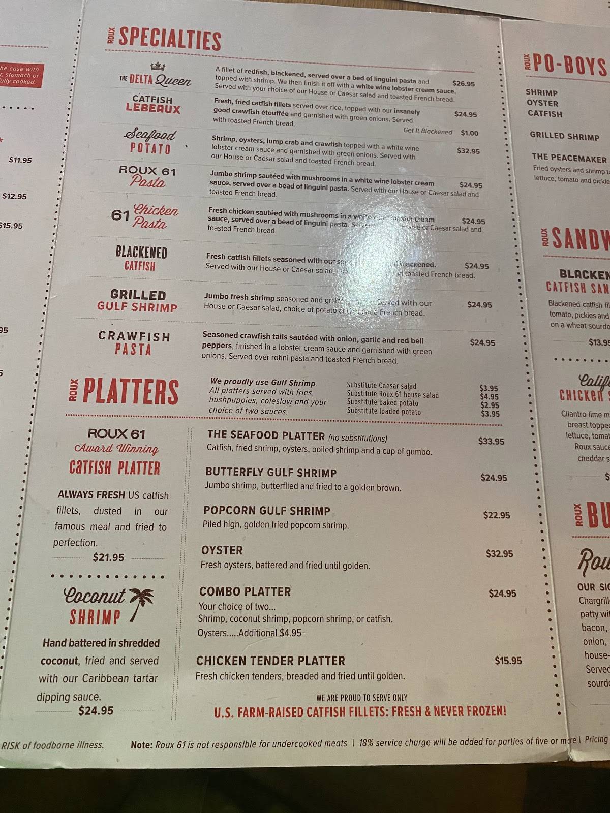 Menu at Roux 61 steakhouse, Natchez