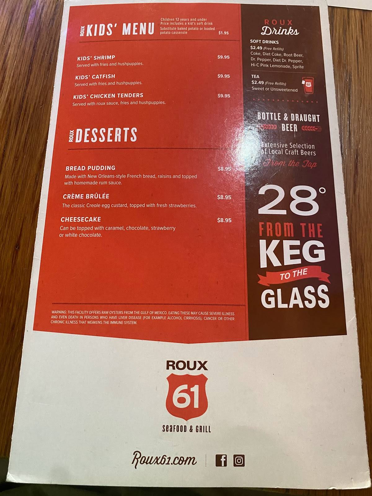 Menu at Roux 61 steakhouse, Natchez
