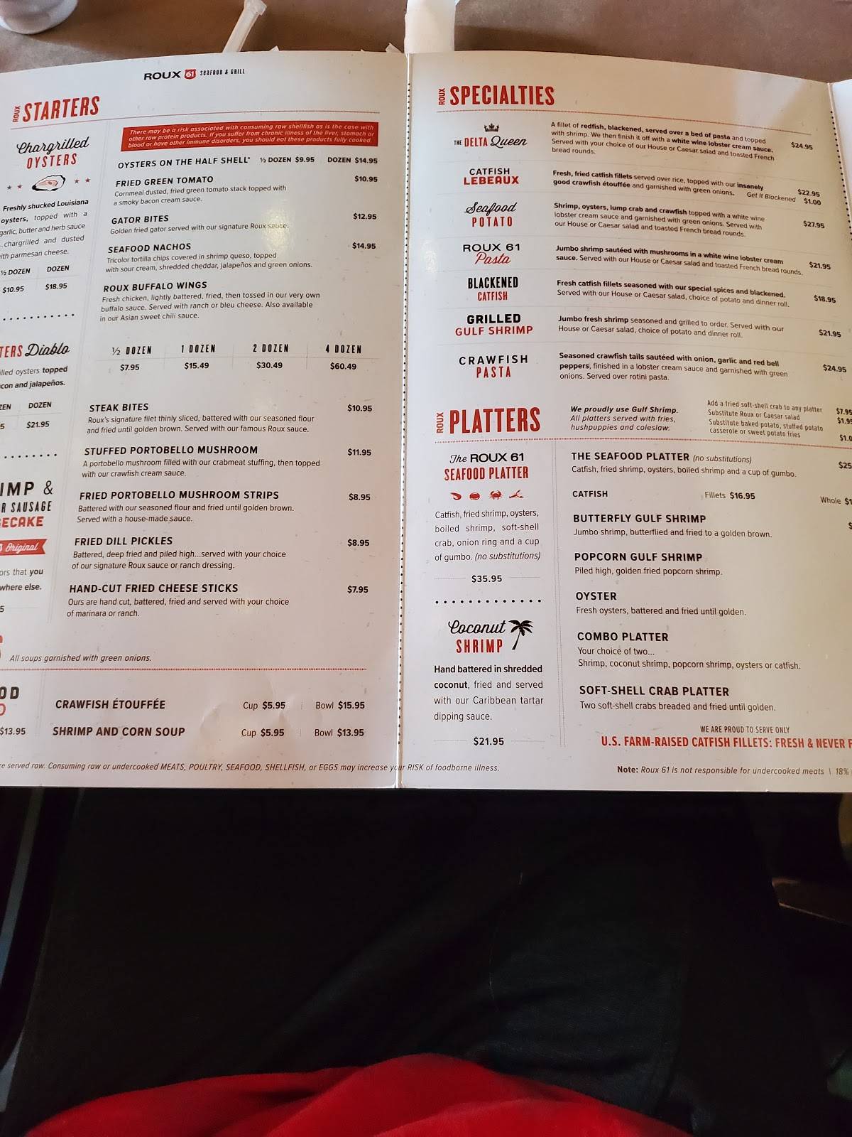 Menu at Roux 61 steakhouse, Natchez
