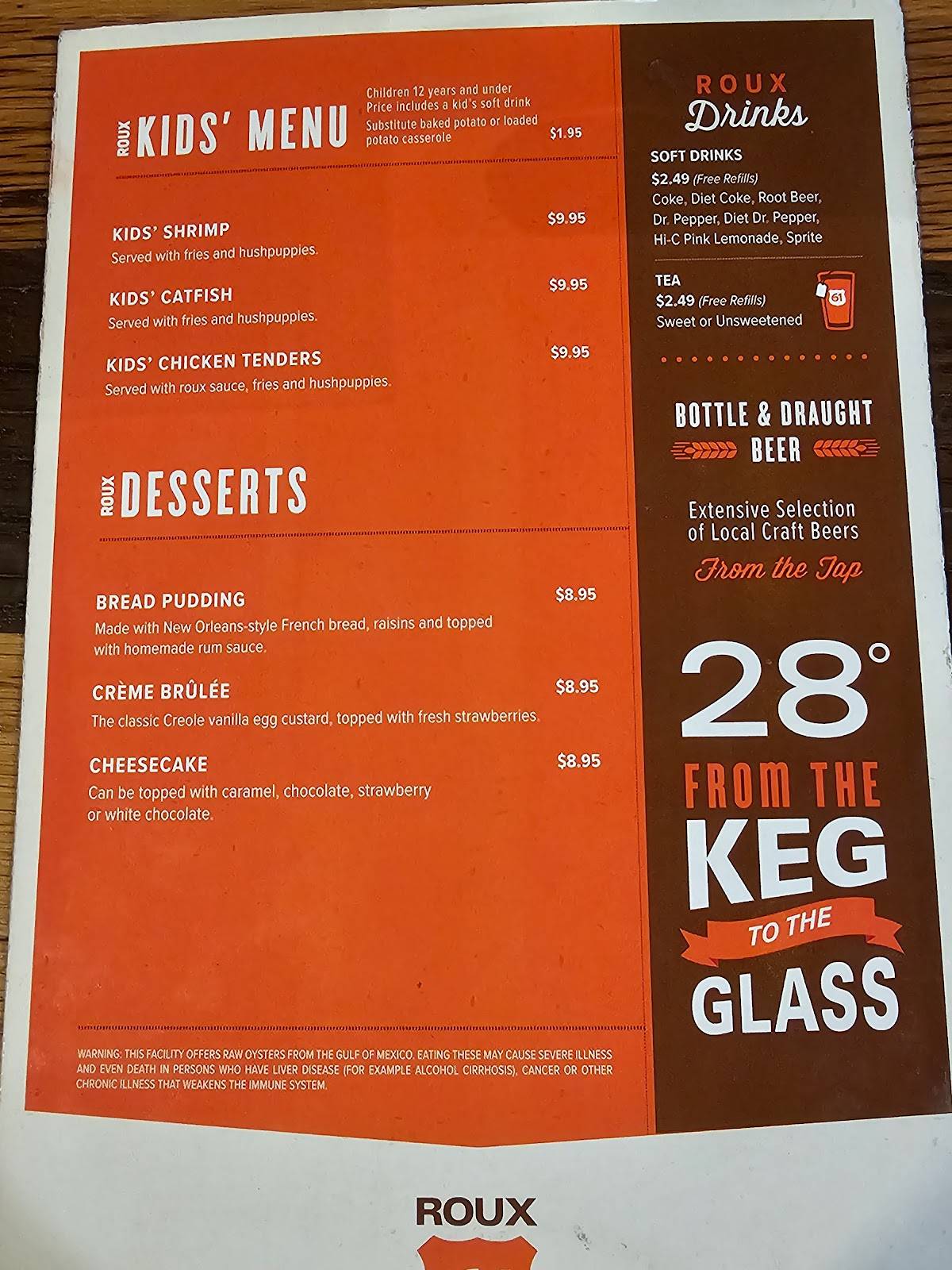 Menu at Roux 61 steakhouse, Natchez