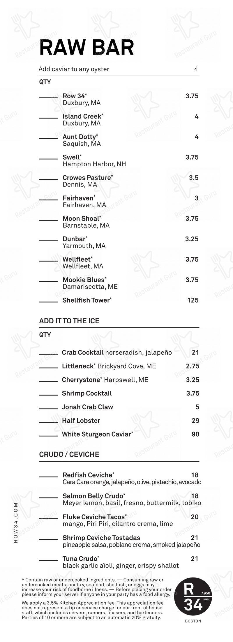 Menu at Row 34 - Seaport Boston pub & bar, Boston, 383 Congress St