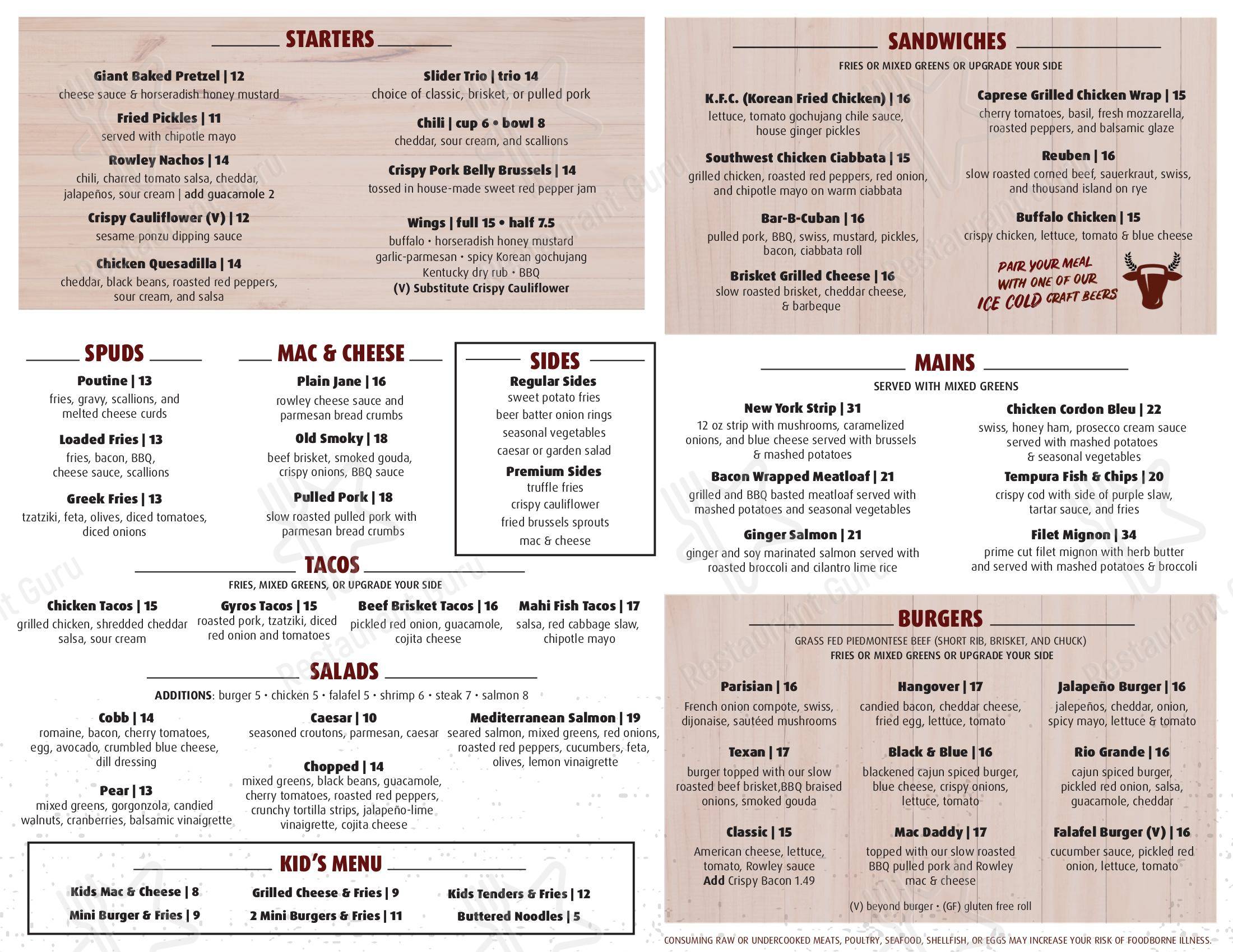 Menu at Rowley Grill and Tap pub & bar, Winsted