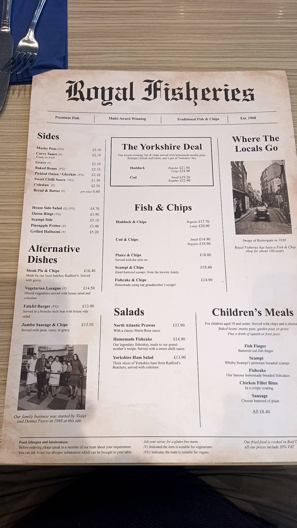Menu at Royal Fisheries restaurant, Whitby