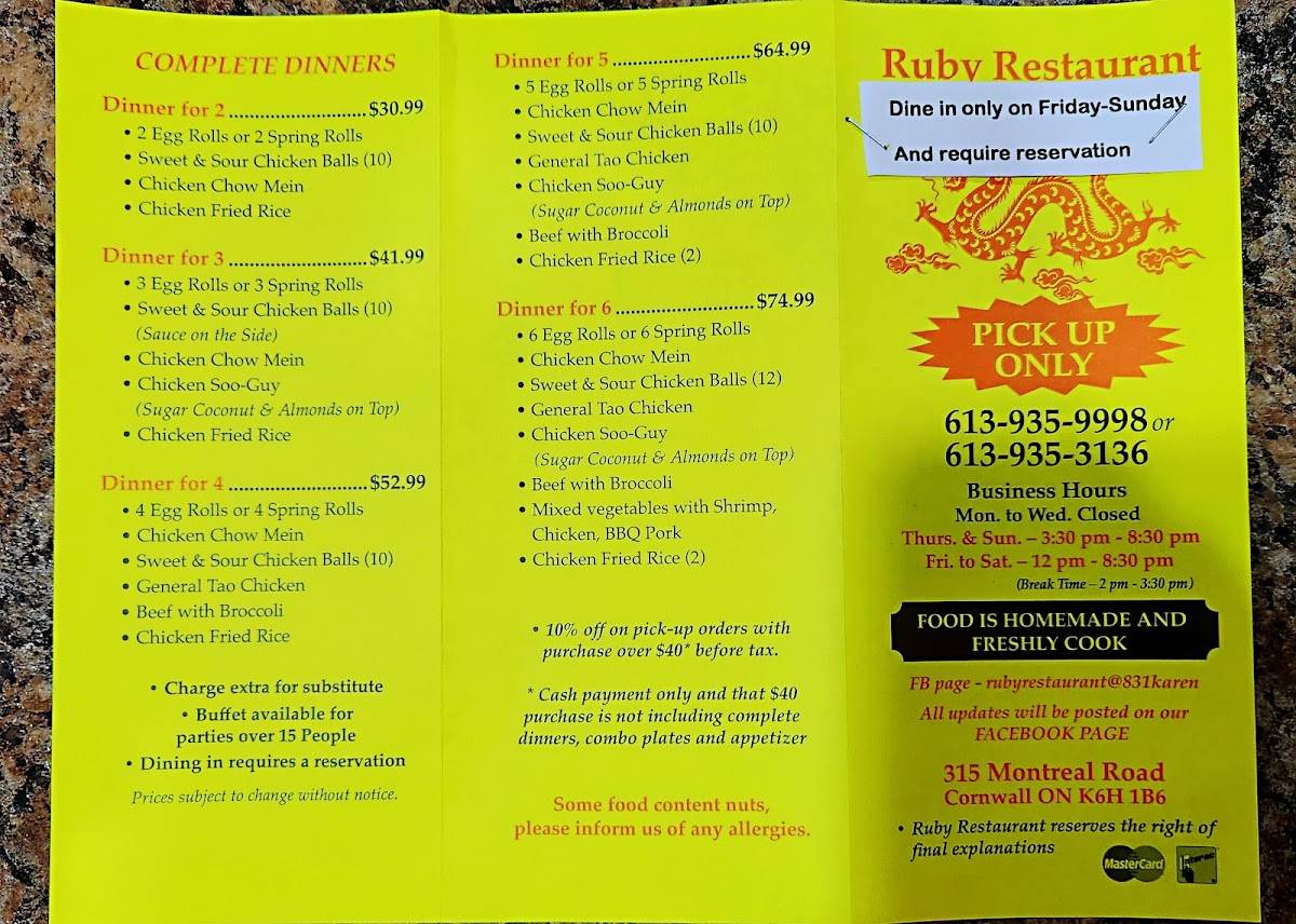 Menu at Ruby Chinese Restaurant, Cornwall