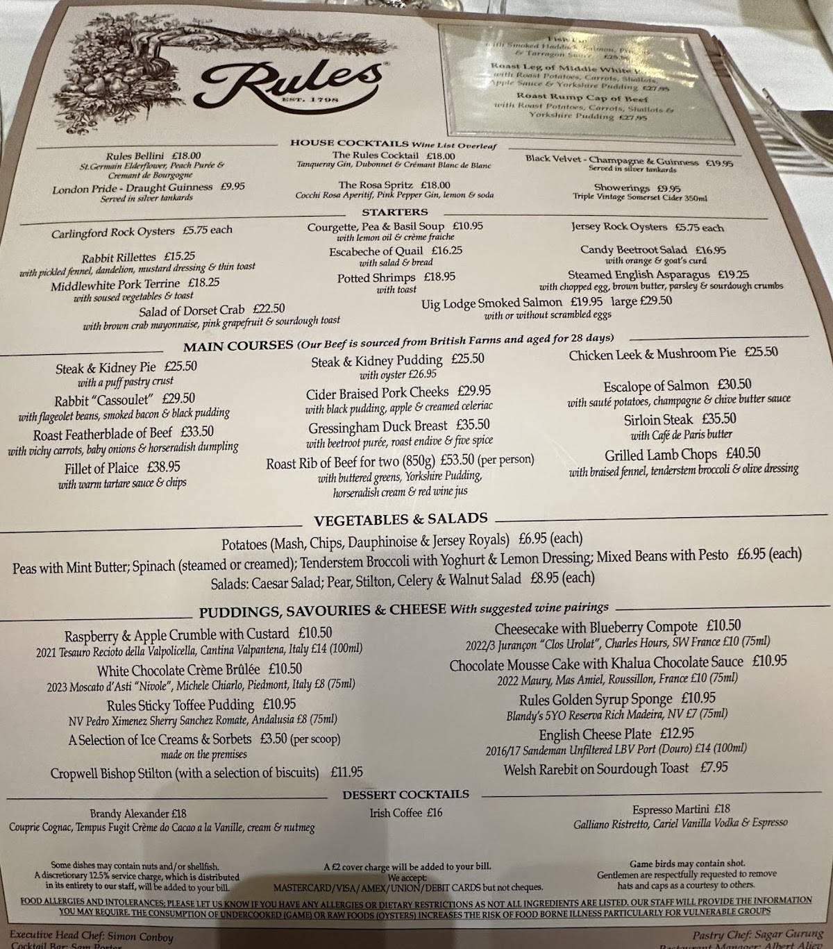 Menu at Rules restaurant, London
