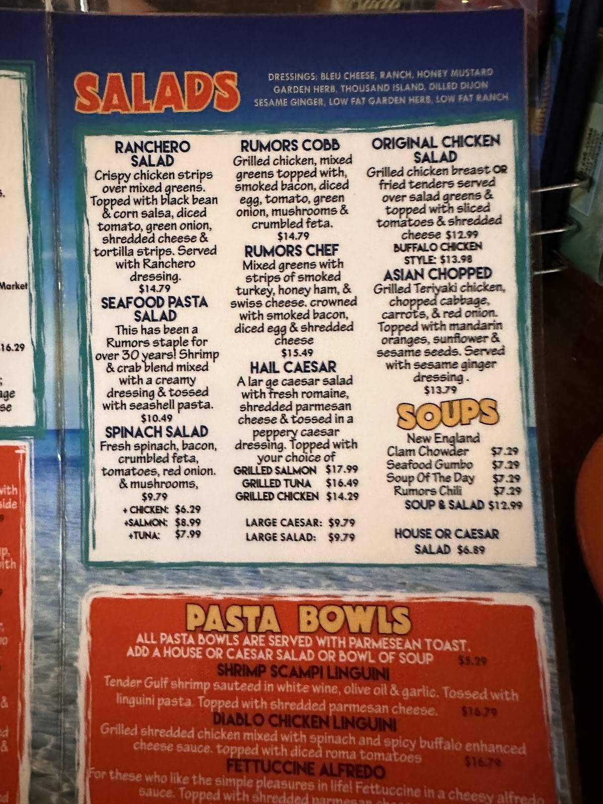 Menu at Rumors Restaurant, Louisville