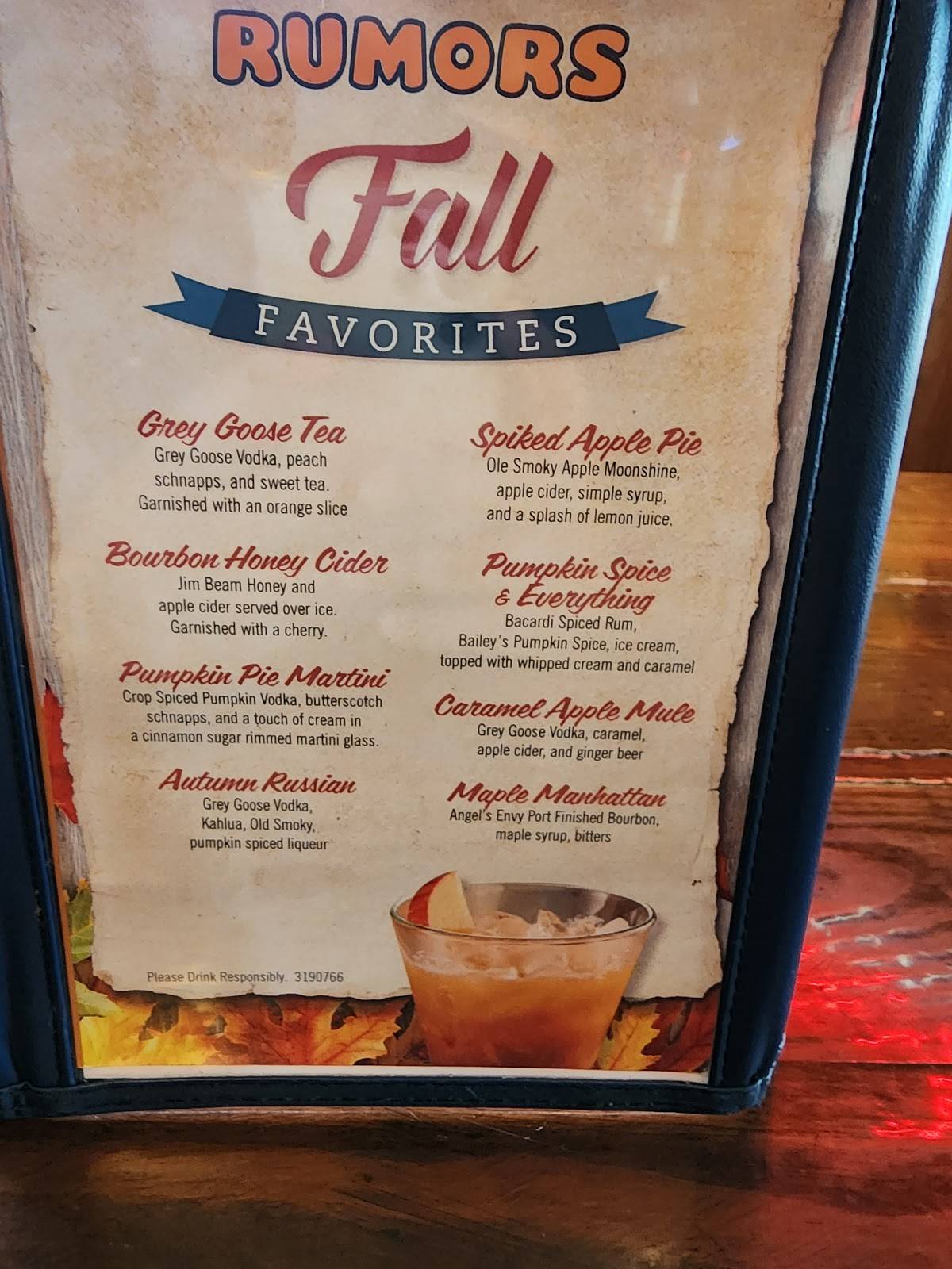 Menu at Rumors Restaurant, Louisville