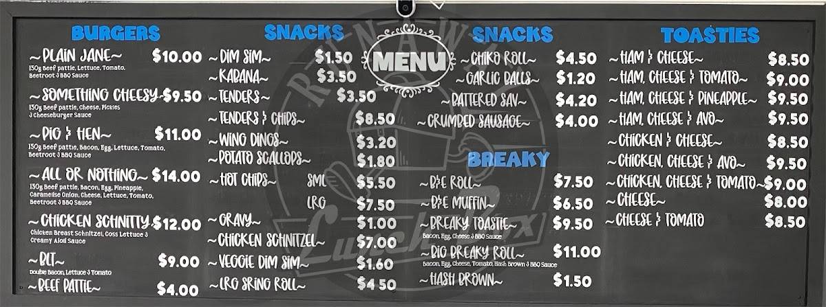 Menu at Runaway Lunch Box cafe, Marcoola
