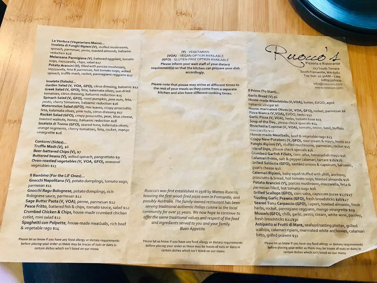 Menu at Ruocco's Pizzeria E Ristorante, South Fremantle