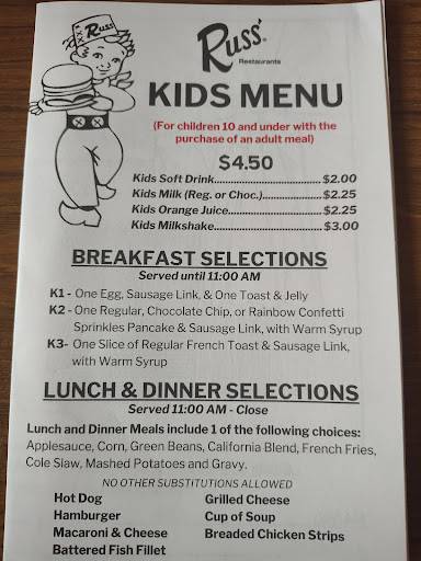 Menu at Russ' Restaurant, Muskegon, Henry St