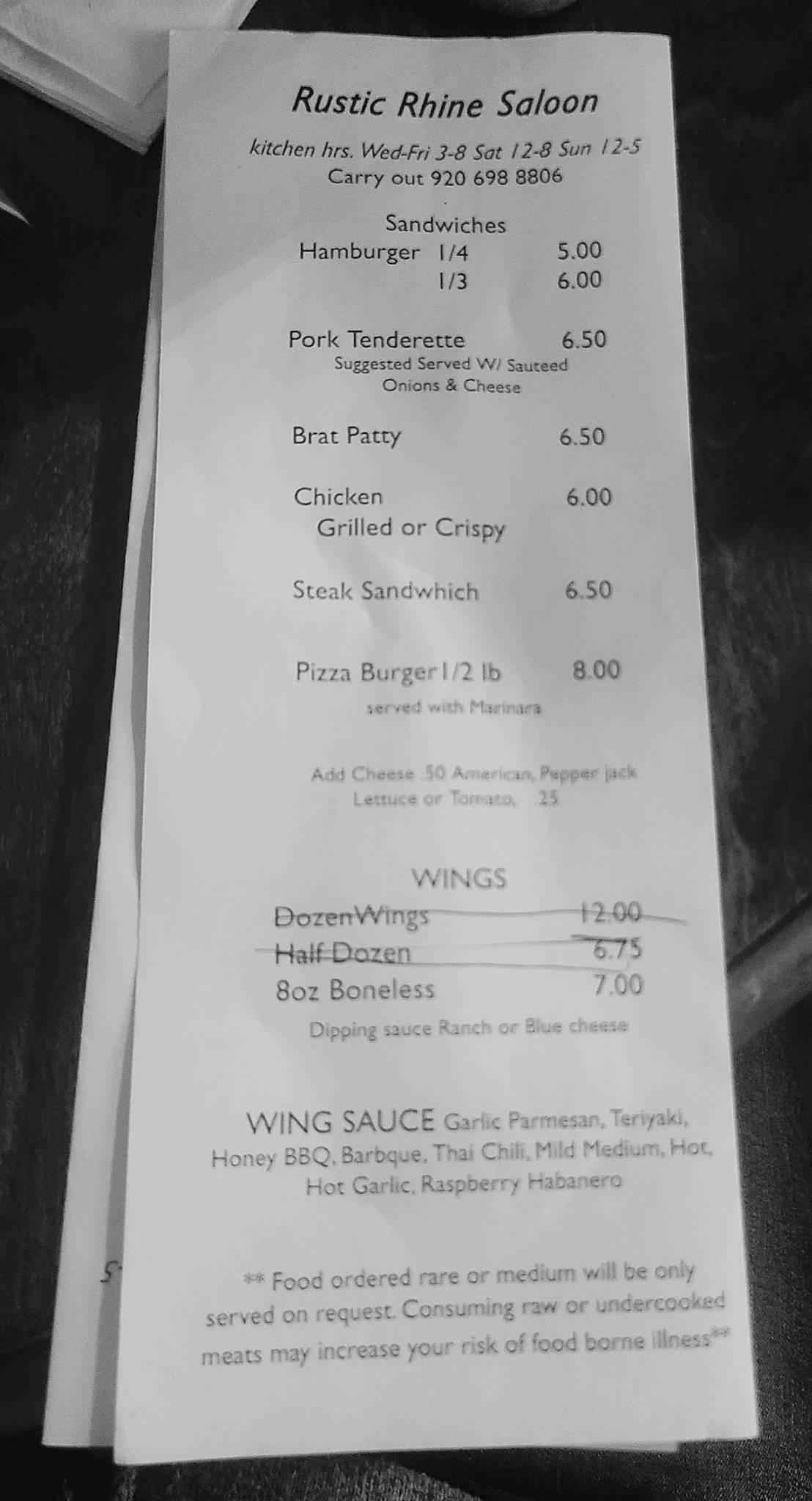 Menu at Rustic Rhine Saloon pub & bar, Rhine Center