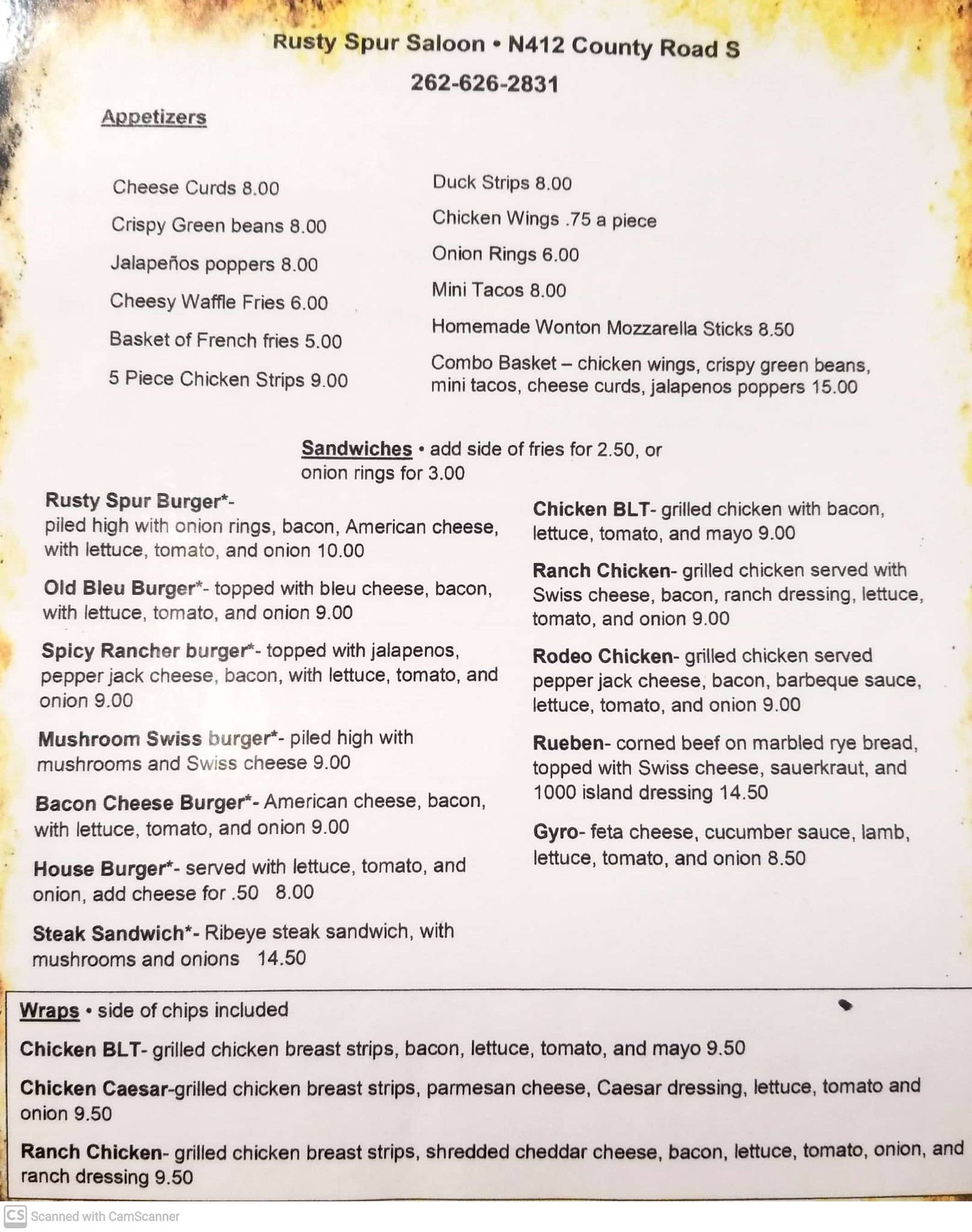 Menu at Rusty Spur Saloon pub & bar, Kewaskum