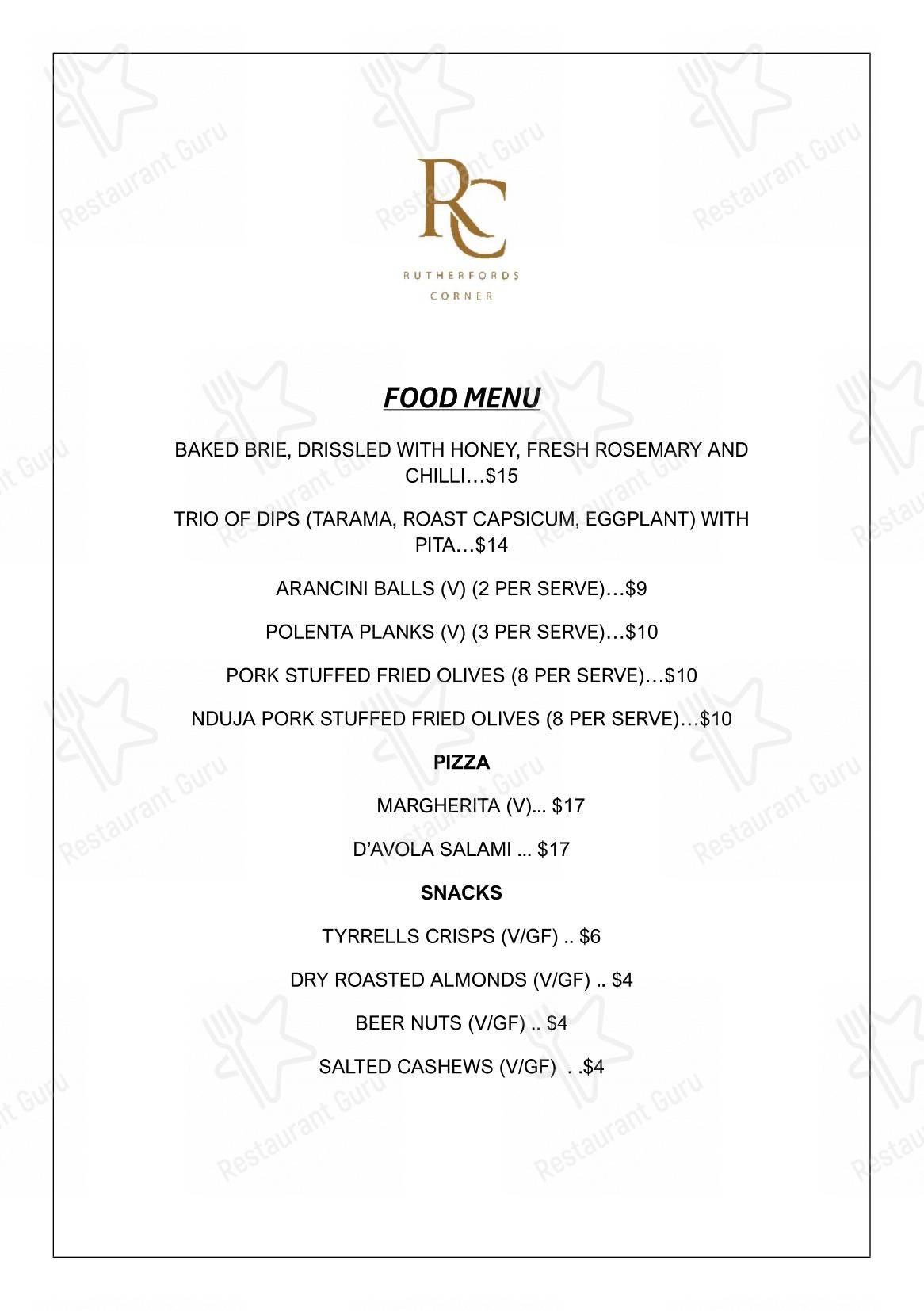 Menu at Rutherford's Corner pub & bar, Malvern East