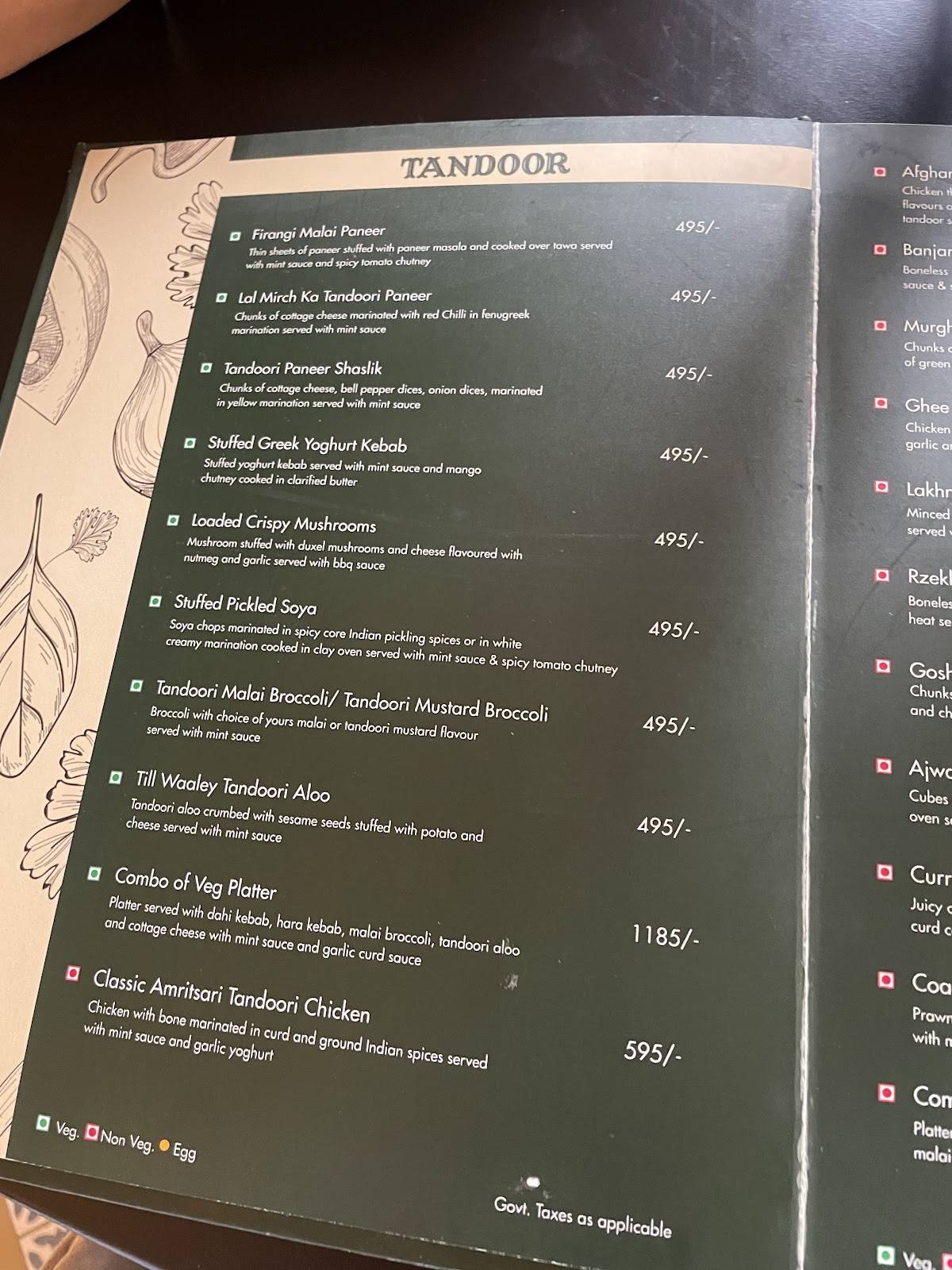 Menu at Rzekka Resort, India