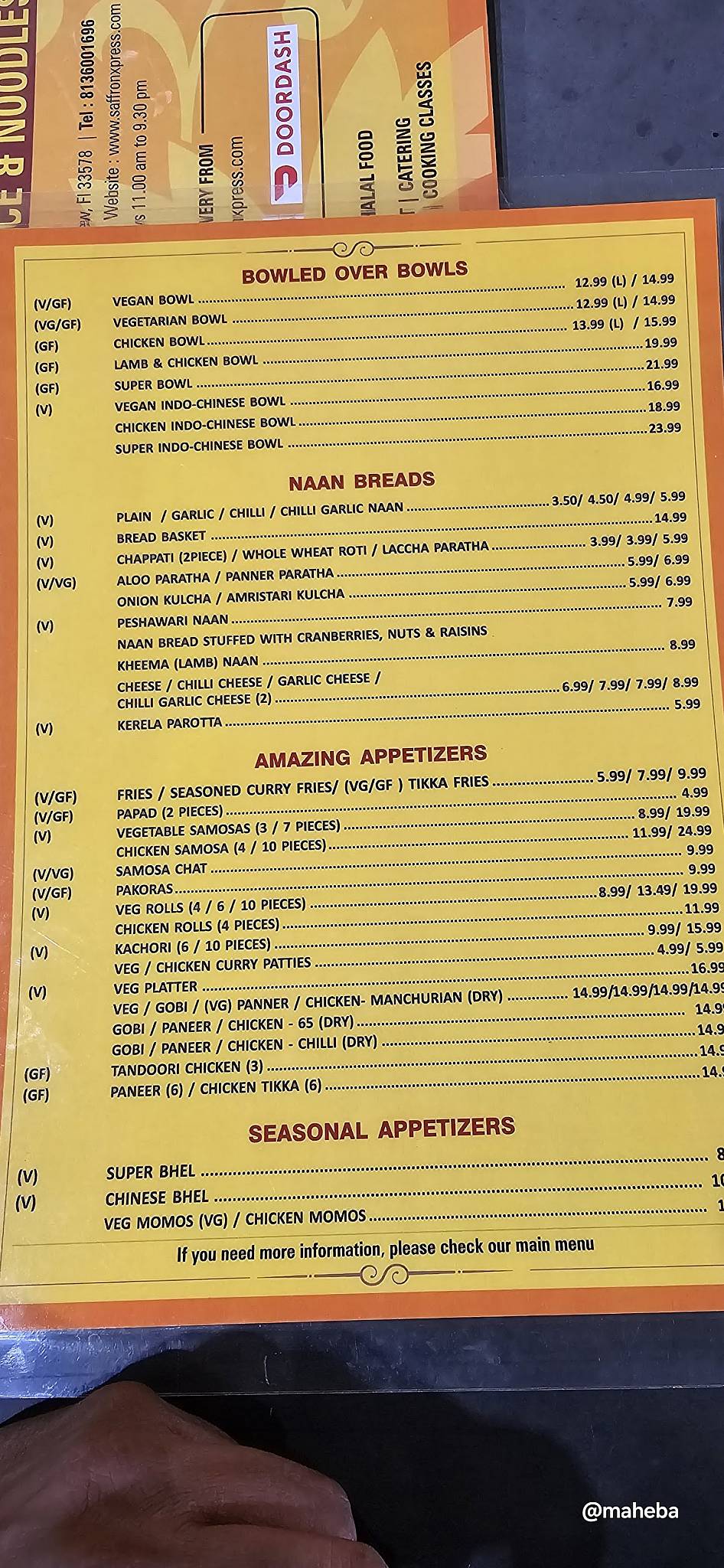 Menu at SAFFRON XPRESS INDIAN & INDO CHINESE CUISINE restaurant, Riverview