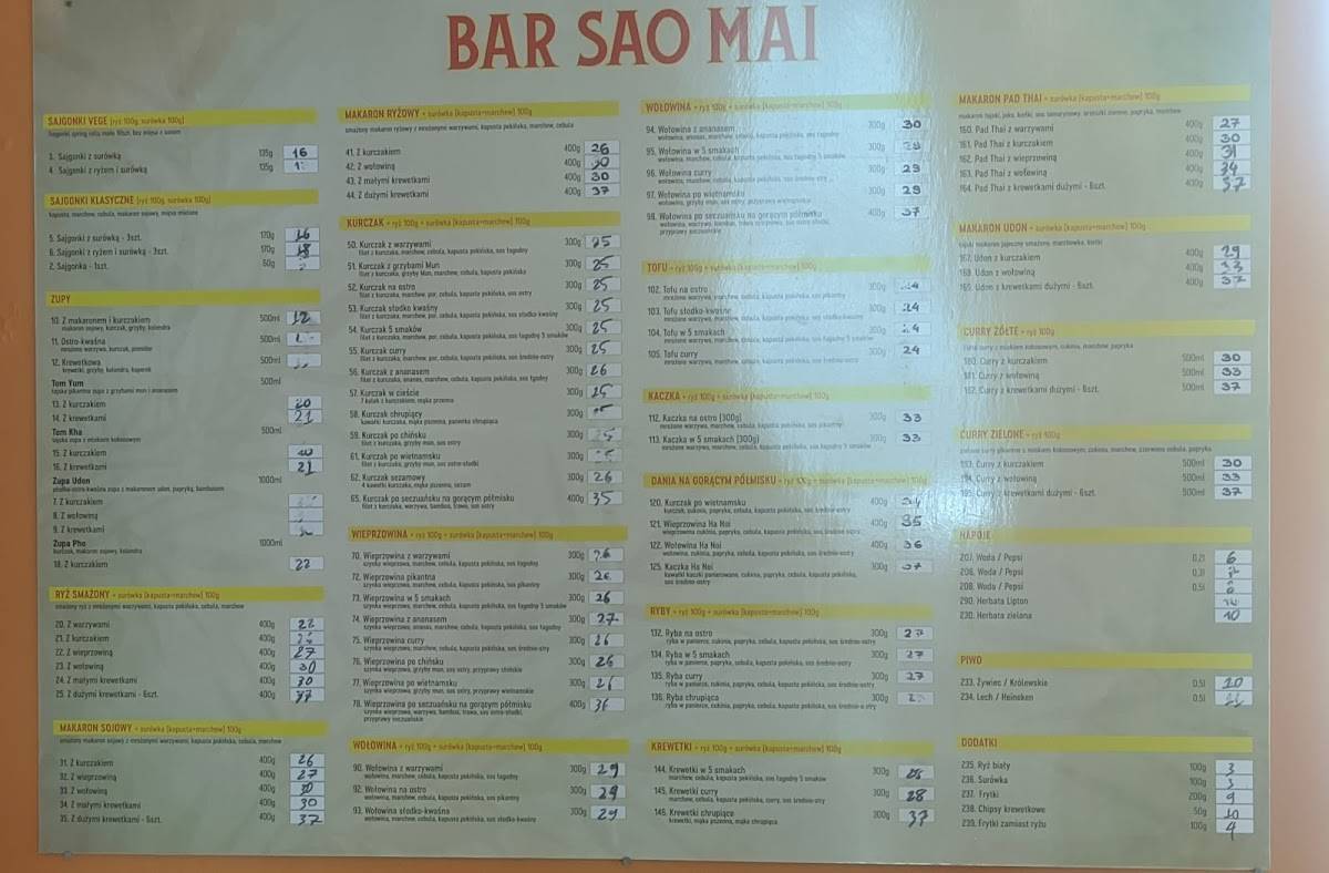 Menu at SAO MAI restaurant, Poland