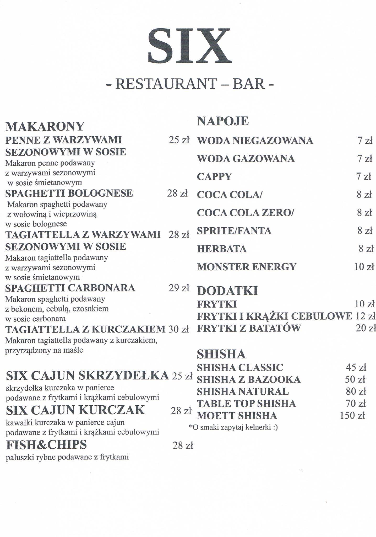 Carta de SIX Restaurant-Bar, Varsovia