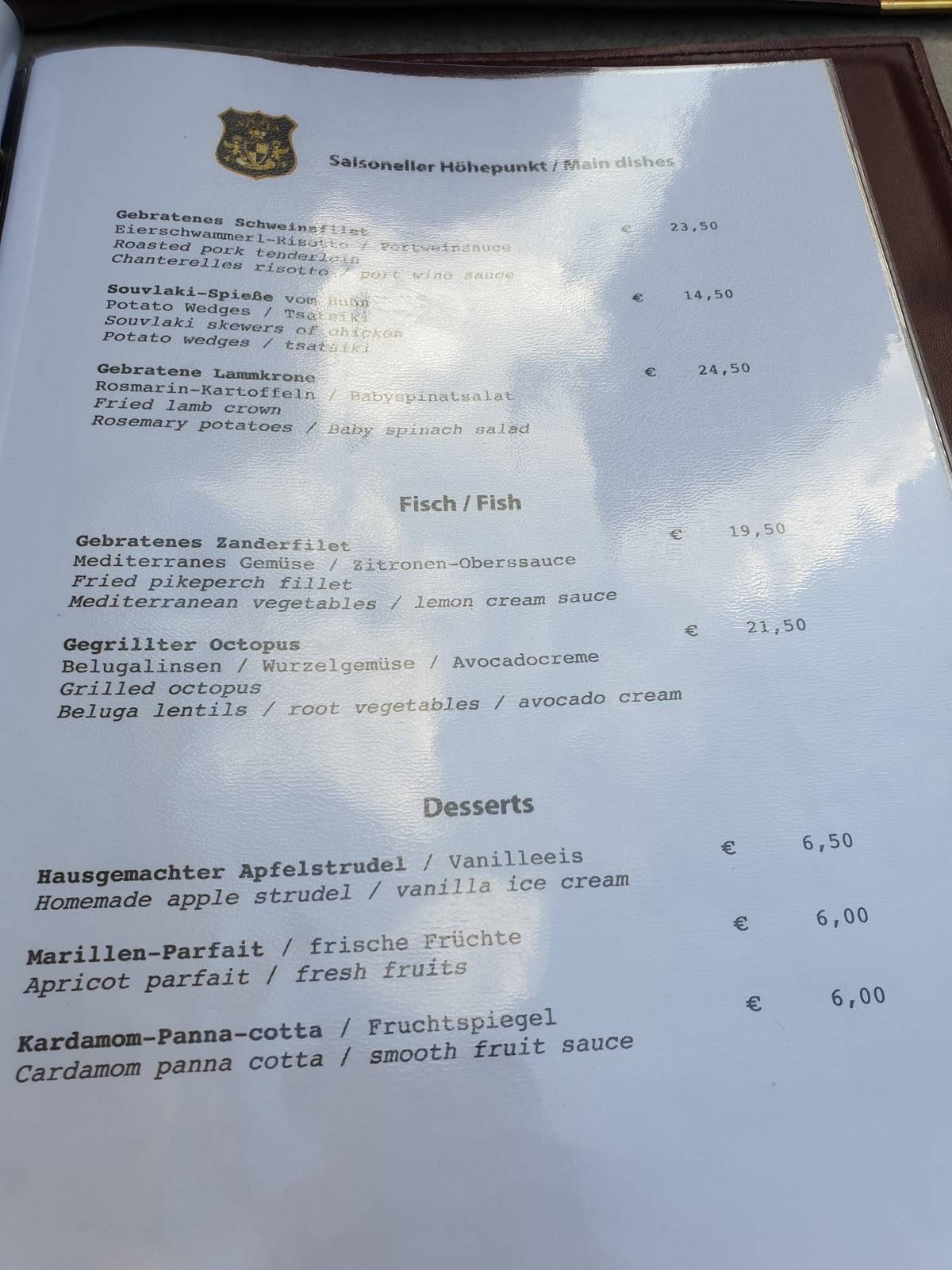 Menu at SIXTA pub & bar, Vienna