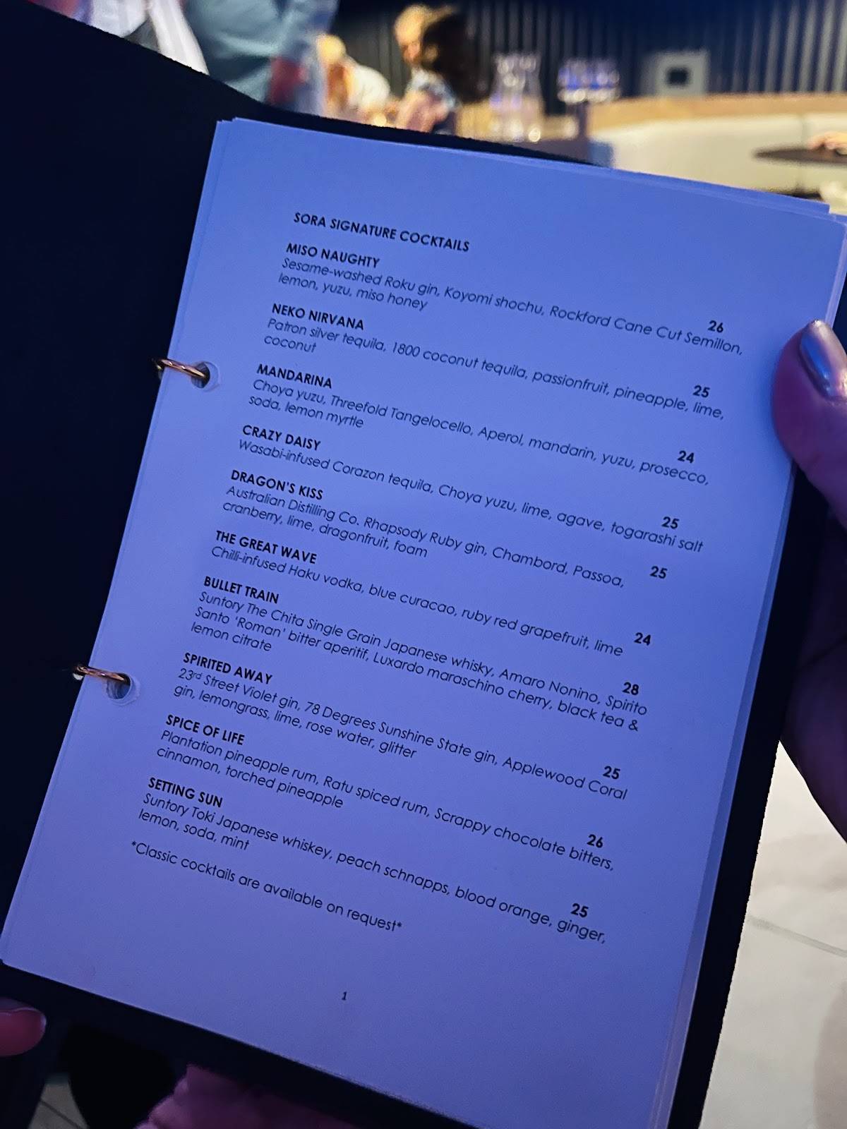 Menu at SORA restaurant, Adelaide