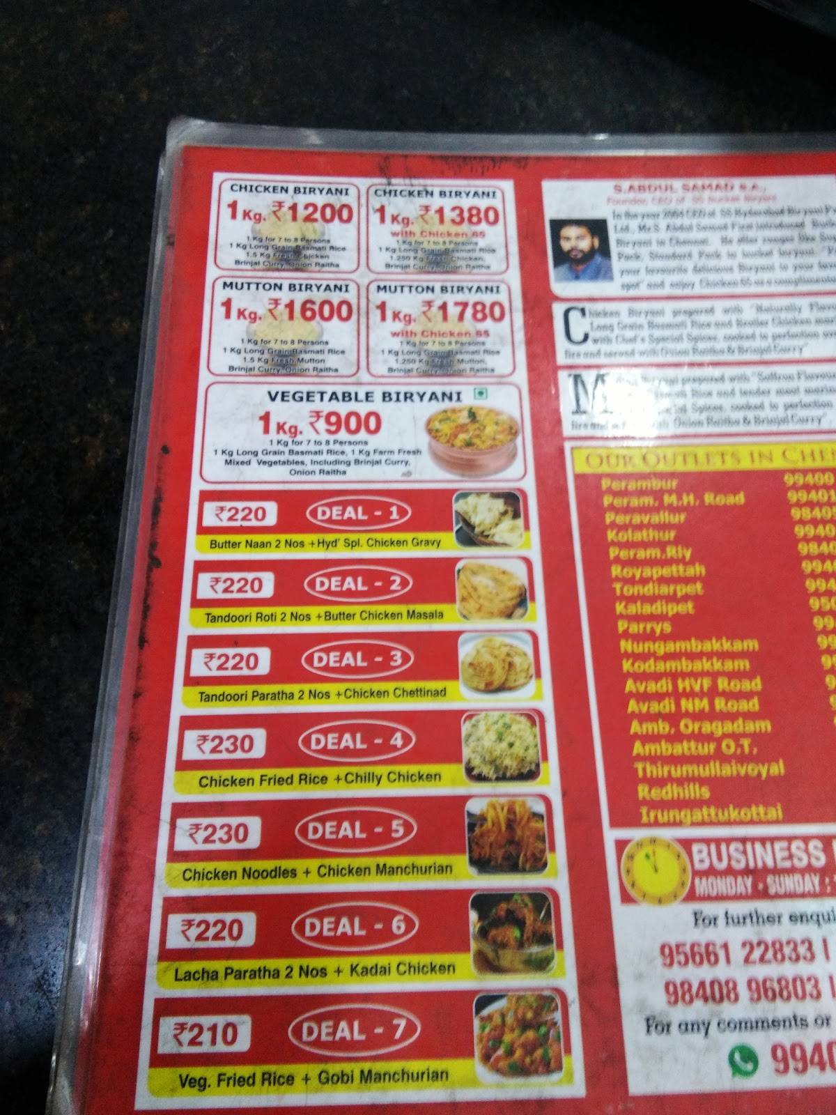 Menu at SS Hyderabad Biryani Thirumullaivoyal, Chennai, No. 52