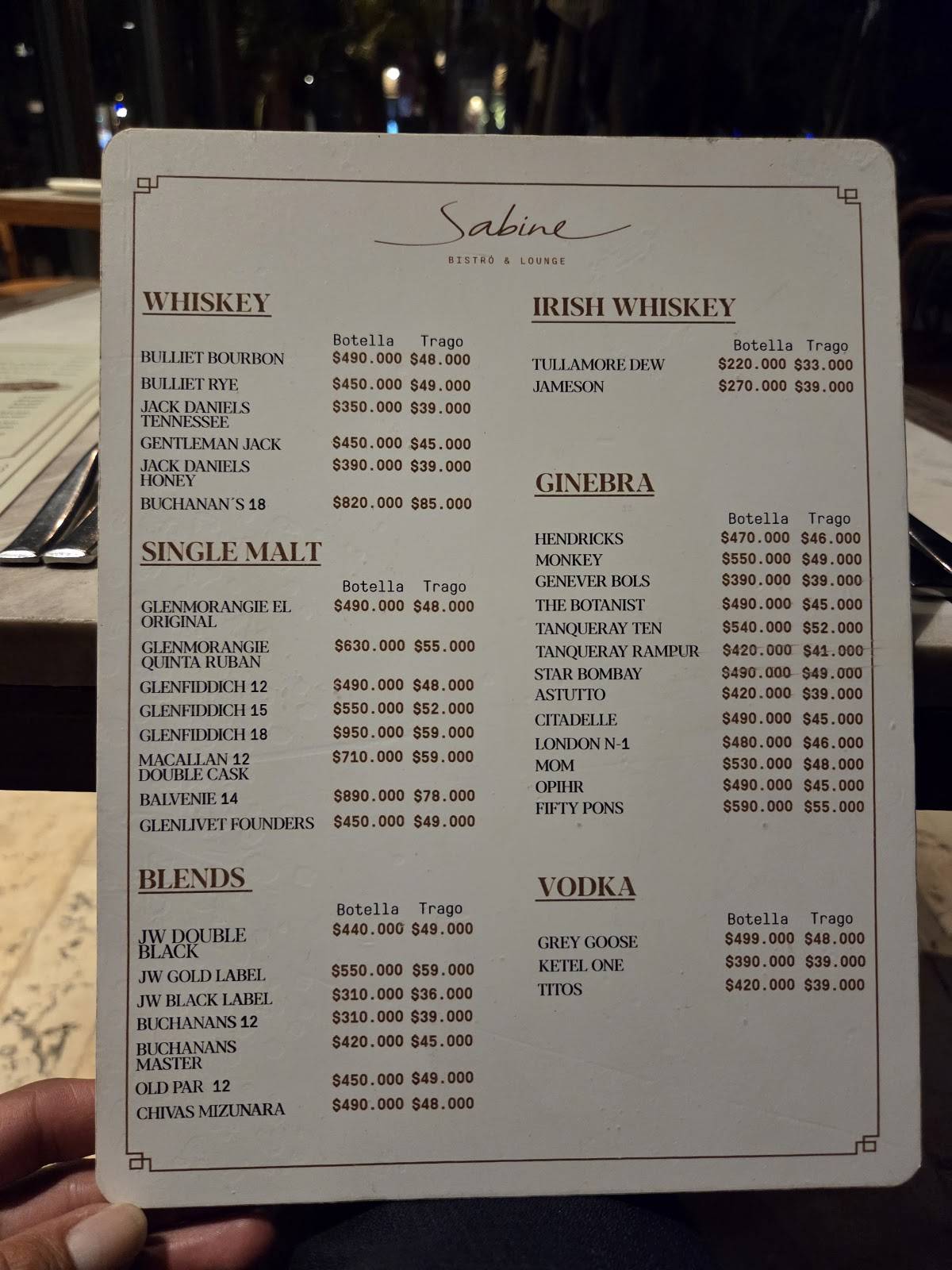 Carta del restaurante Sabine Bistró & Lounge, Cartagena