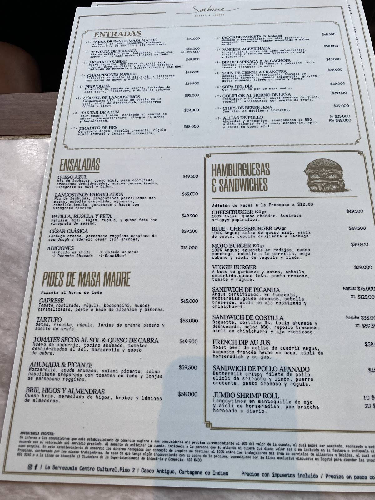 Carta del restaurante Sabine Bistró & Lounge, Cartagena