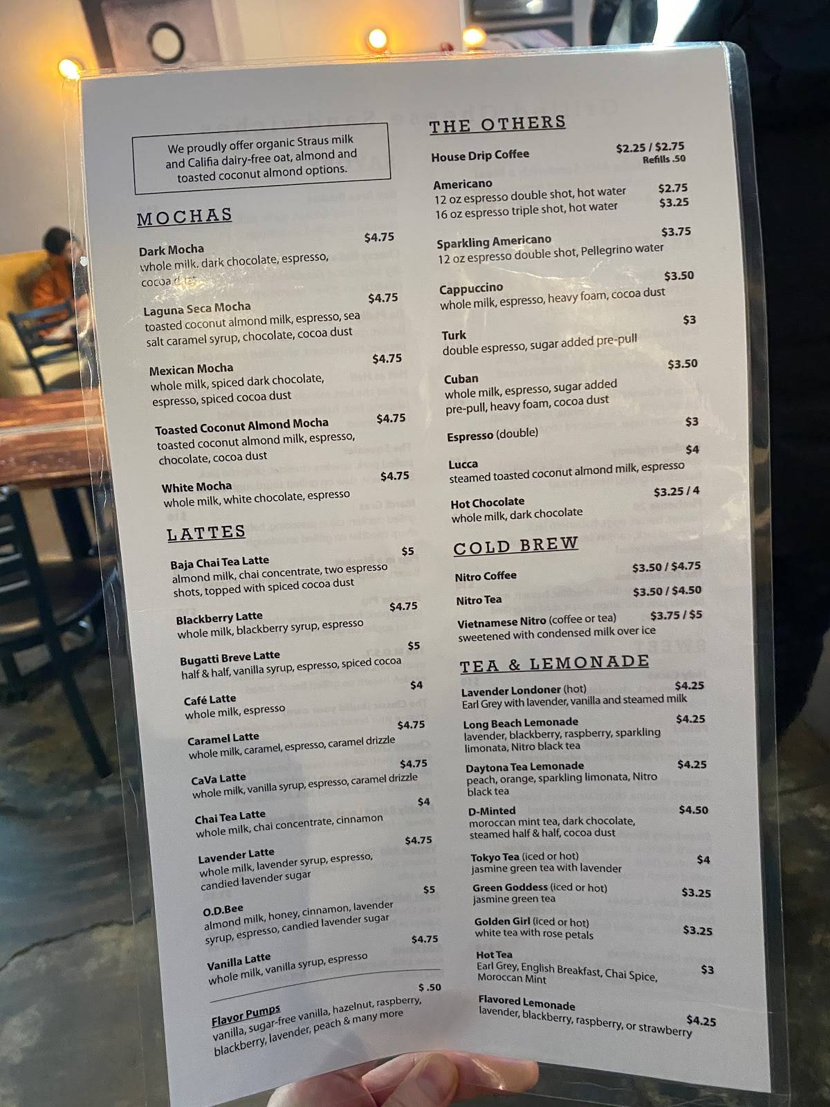 Menu at Shift Coffee House, Sacramento