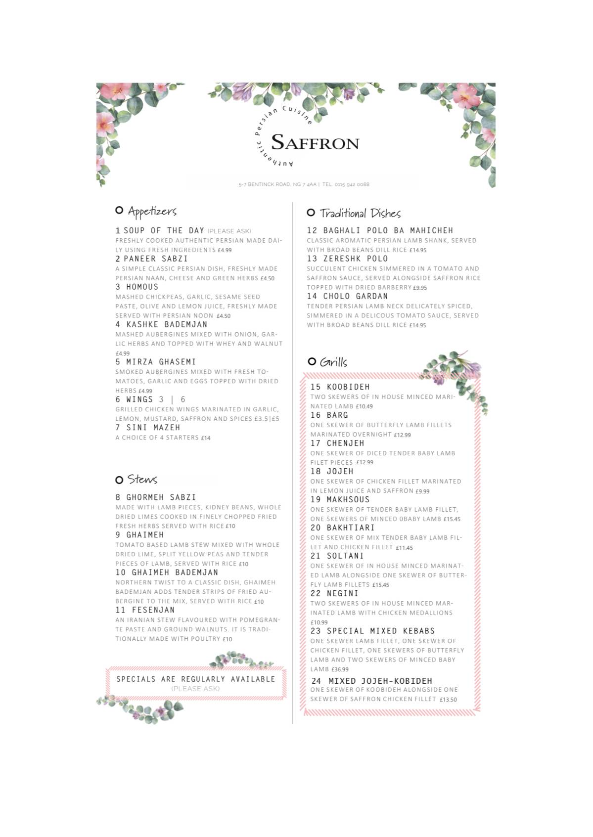 Menu at Saffron Persian Restaurant, Nottingham, 5-7 Bentinck Rd