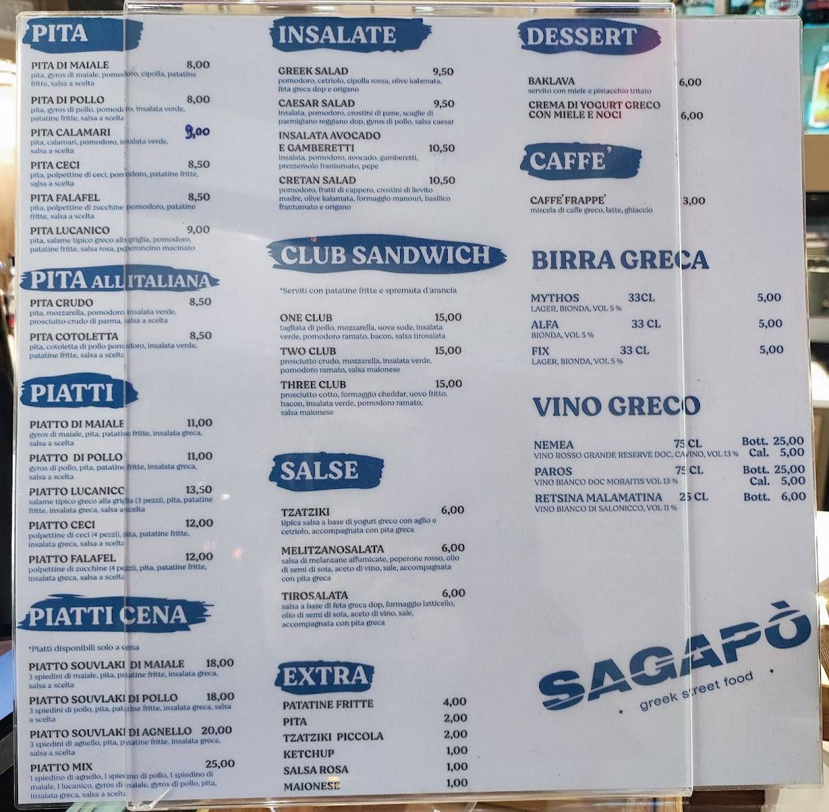Menu at Sagapò Greek Street Food restaurant, Milan