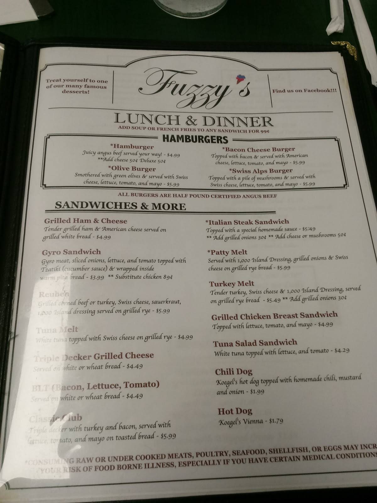Menu at Fuzzy's Restaurant, Saginaw
