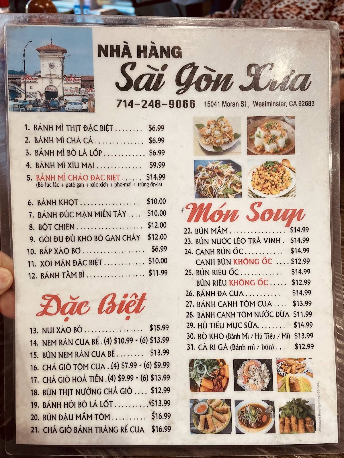 Menu at Sai Gon Xua Cafe and Restaurant, Westminster