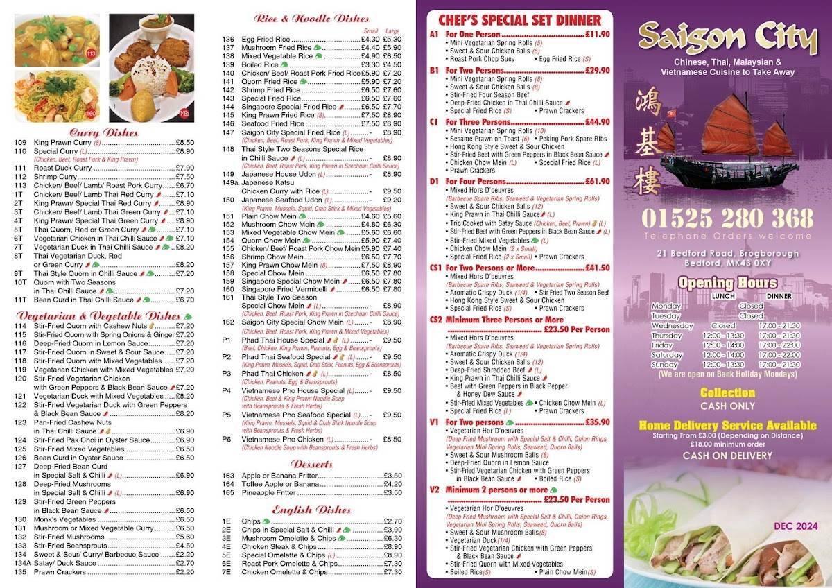 Menu at Saigon City fast food, Ridgmont