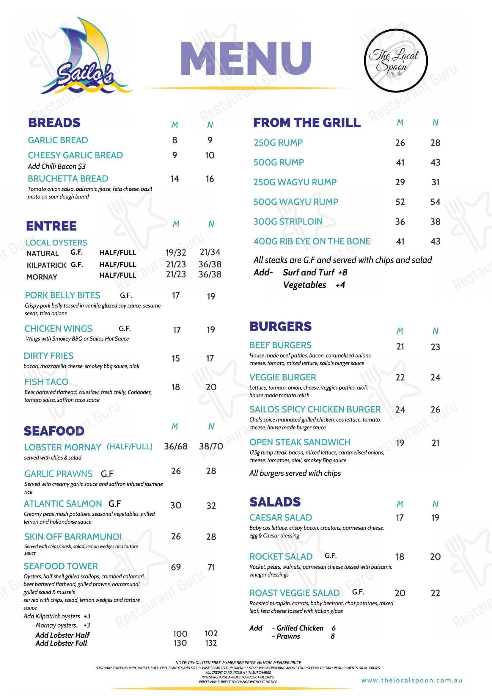 Menu at Sailo's (Taree Aquatic Club), Taree