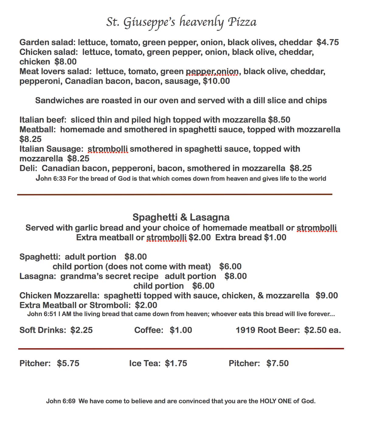Menu at Saint Giuseppes Pizza pizzeria, East Moline