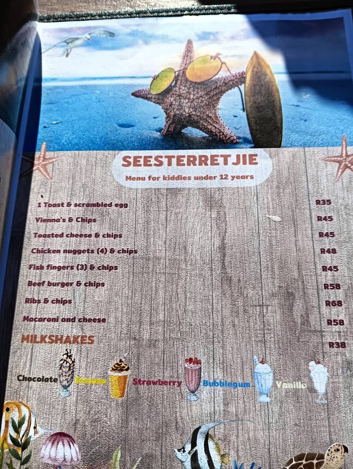 Menu at Die See Ster Kombuis restaurant, Saint Helena Bay