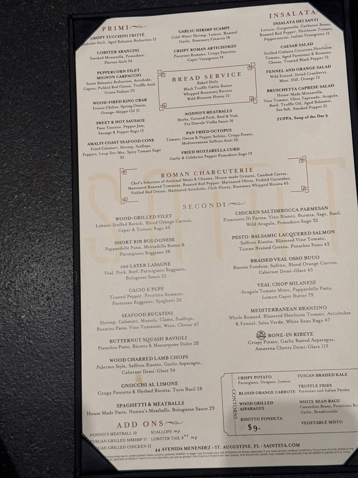 Menu at Saint Italian Restaurant, St. Augustine