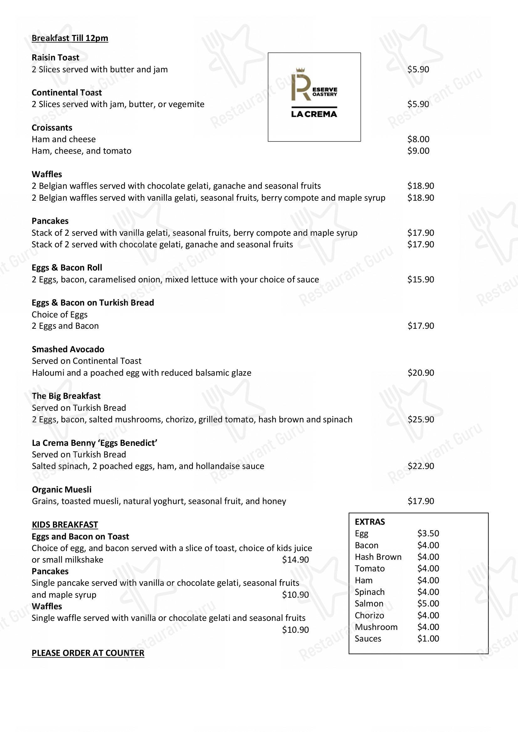 Menu at La Crema Reserve Roastery cafe, Saint Marys
