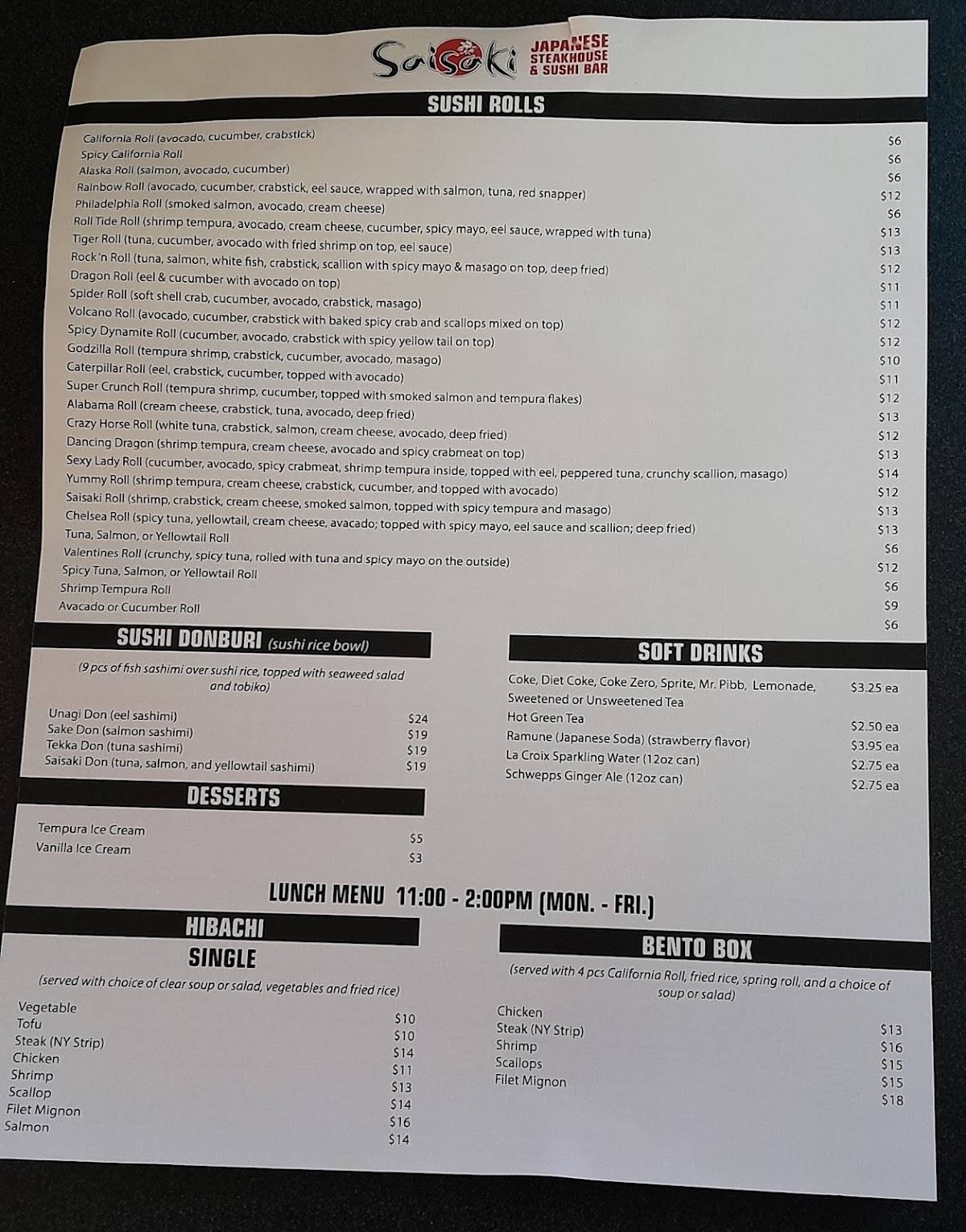 Menu at Saisaki Japanese Steakhouse & Sushi Bar, Chelsea