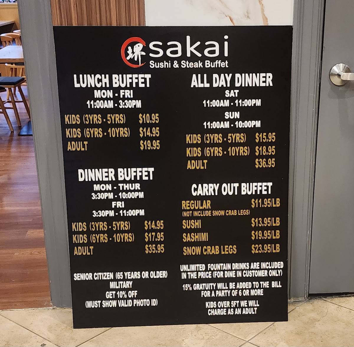 Menu at Sakai Sushi & Steak Buffet restaurant, Cockeysville