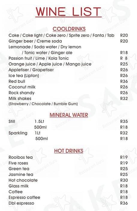 Menu at Sake Sushi restaurant, Cape Town, Sable Square