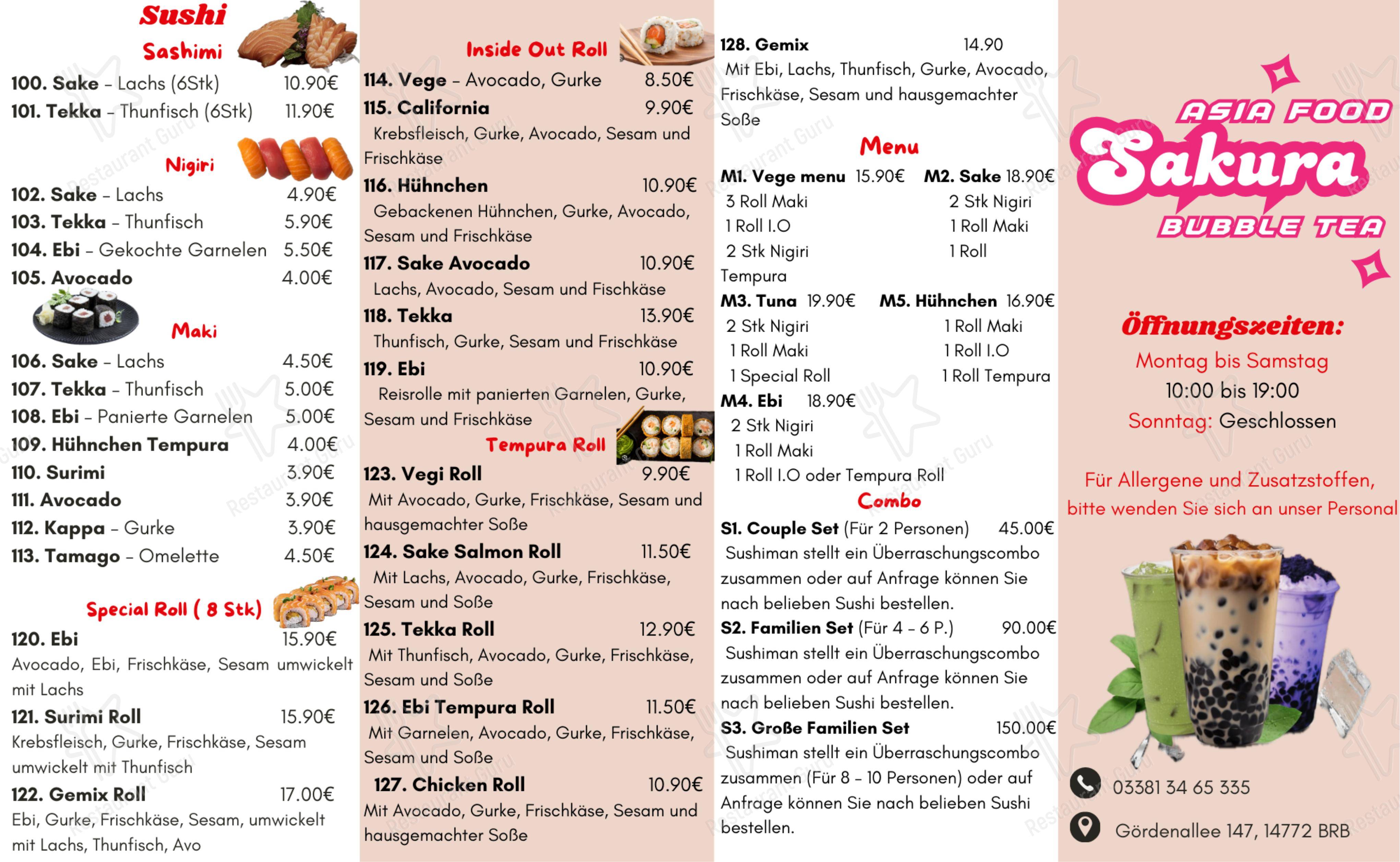 Menu at Sakura Asiafood, Sushi & Bubble Tea pub & bar, Brandenburg