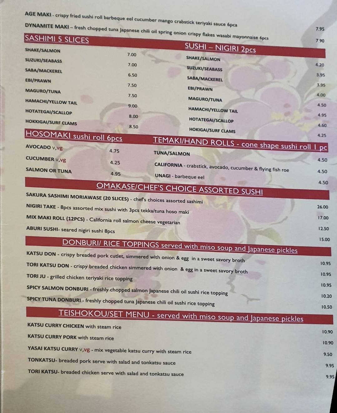 Menu at Sakura Japanese Restaurant, Weston-super-Mare