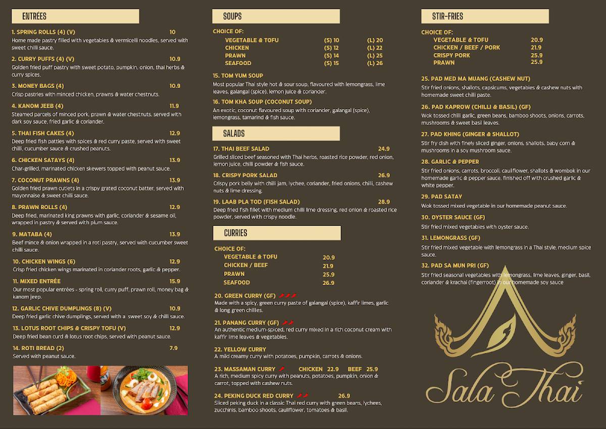 Menu at Sala Thai Restaurant, Tugun, 11/496 Gold Coast Hwy