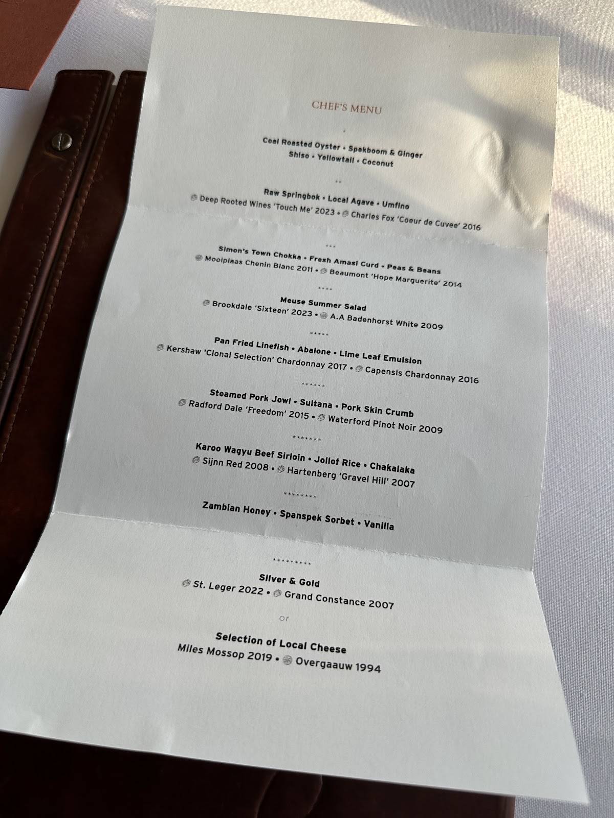 Menu at Salsify at the Roundhouse restaurant, Cape Town