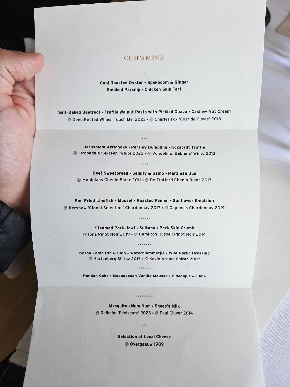 Menu at Salsify at the Roundhouse restaurant, Cape Town