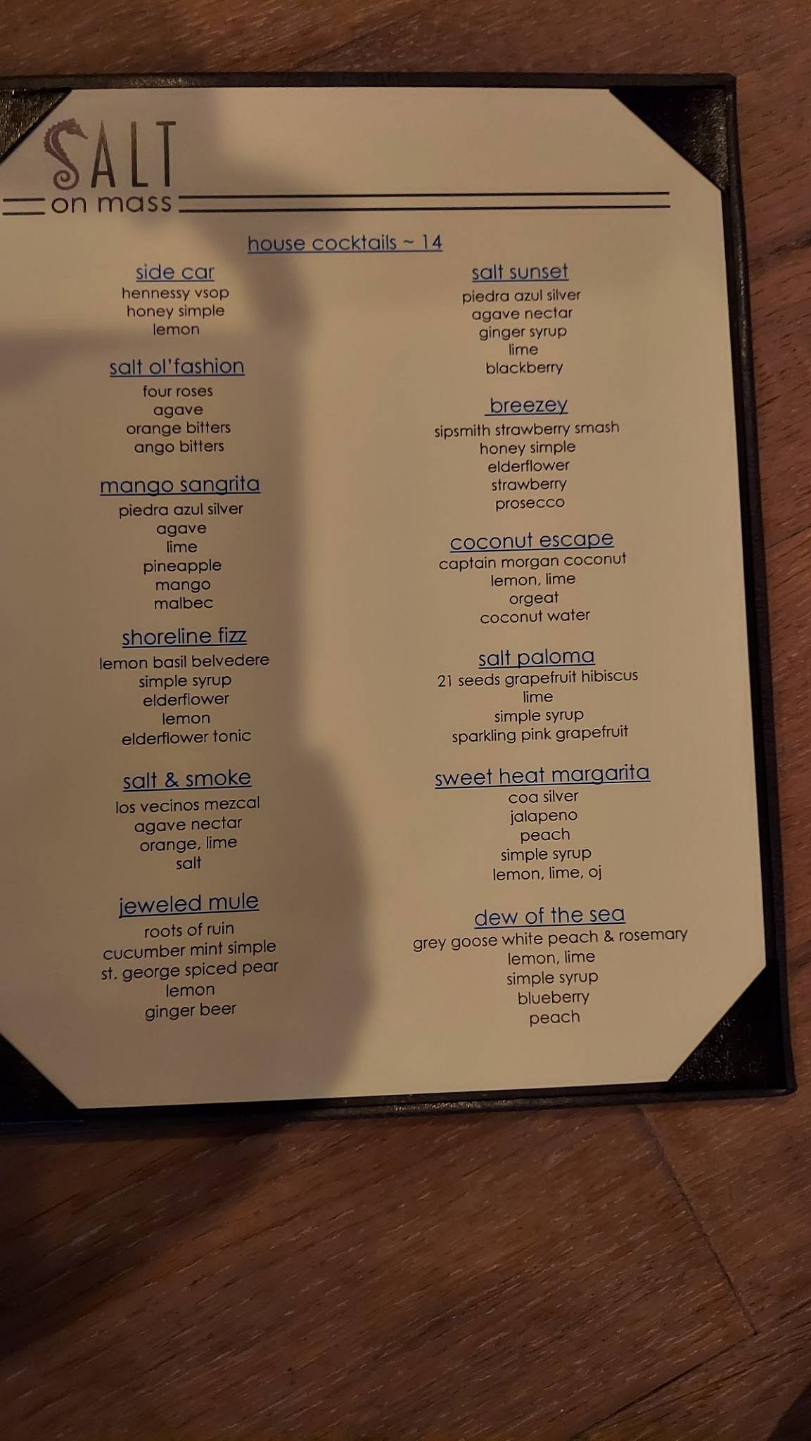 Menu at Salt on Mass pub & bar, Indianapolis, 505 Massachusetts Ave